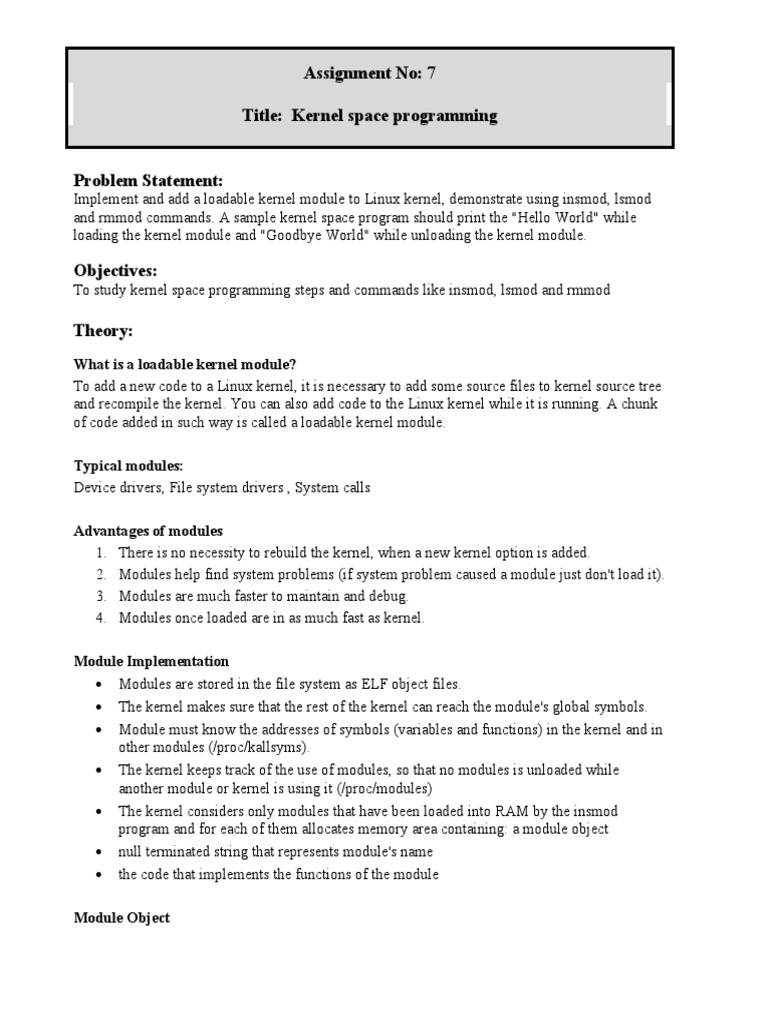 Assignment No: 7 Title: Kernel Space Programming: What Is A Loadable Kernel Module? | PDF ...