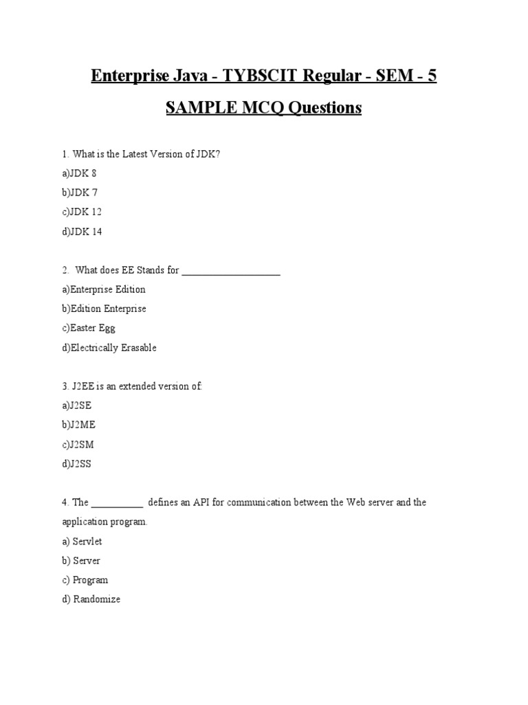 Enterprise Java - TYBSCIT Regular - SEM - 5 SAMPLE MCQ Questions | PDF ...