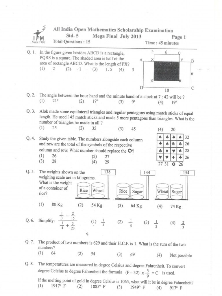 IPM Math Exam Past Papers Mega Final Standard 5 2008 2016 With Answer ...