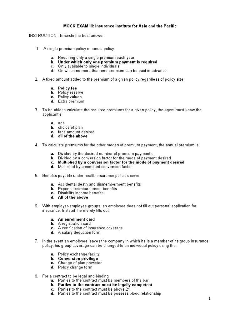 Mock Exam III: Insurance Institute for Asia and the Pacific - Key for ...