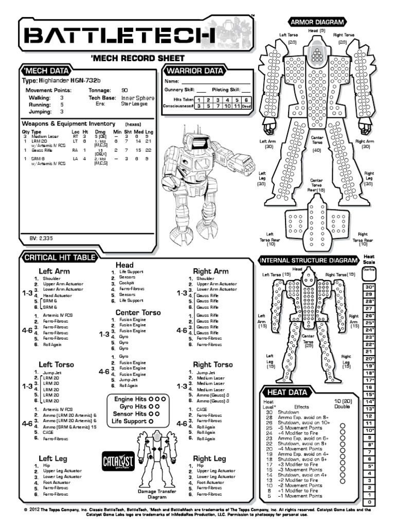 BattleTech - Highlander HGN-732b | PDF | Manufactured Goods | Equipment