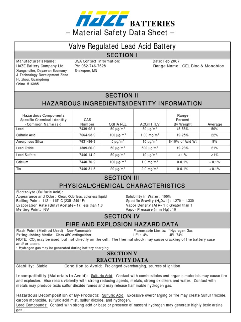 Valve Regulated Lead Acid Battery: - Material Safety Data Sheet | PDF ...