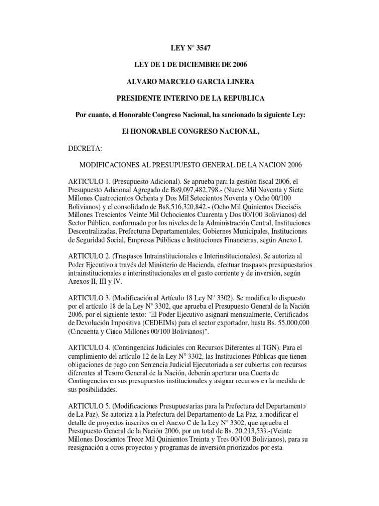 Ley 3547 (Modifica Ley 2042) | PDF | Presupuesto | Bolivia