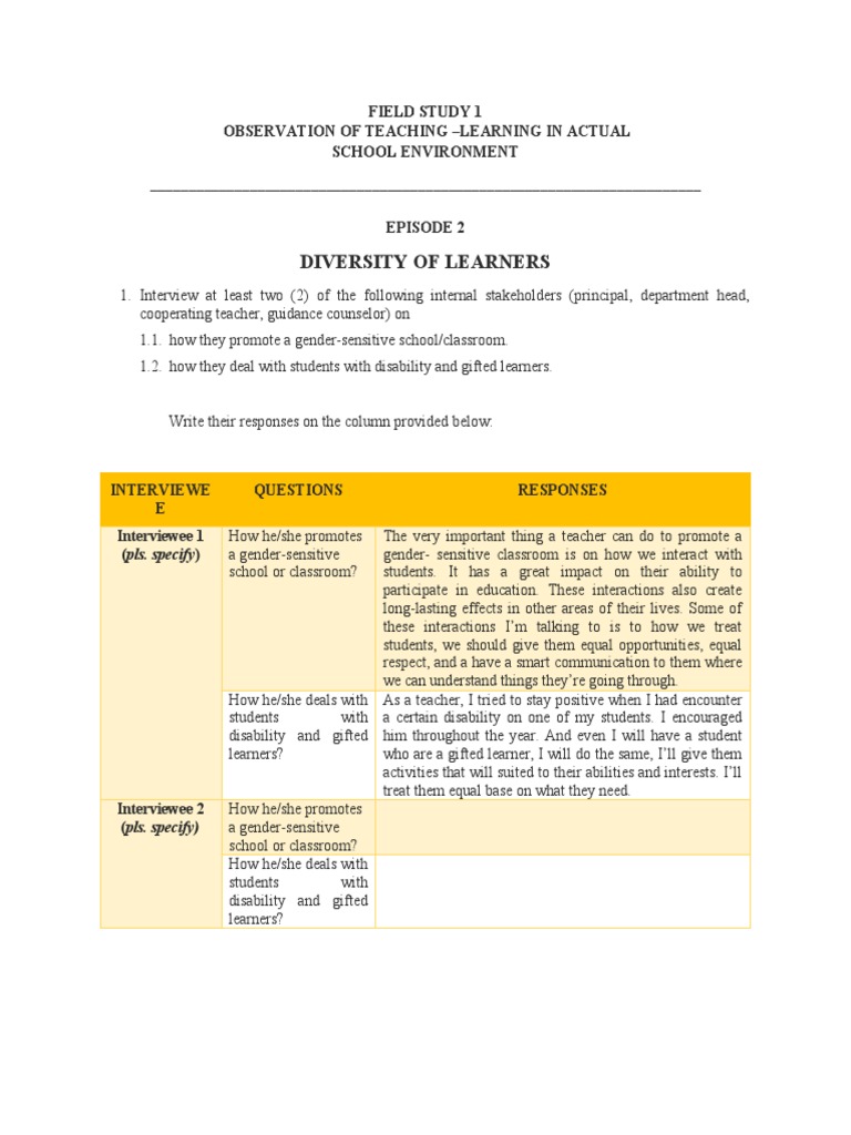 Diversity of Learners: Field Study 1 Observation of Teaching - Learning ...