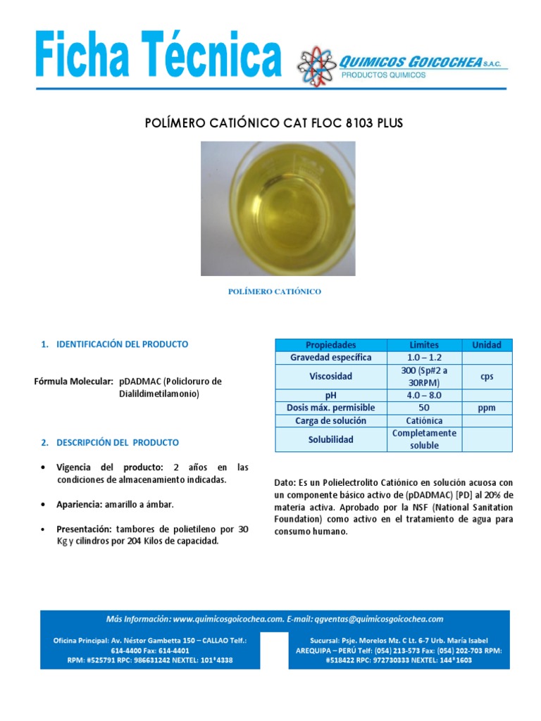 FT Polimero Catiónico Cat Floc 8103 Plus | PDF | Agua | Sustancias químicas