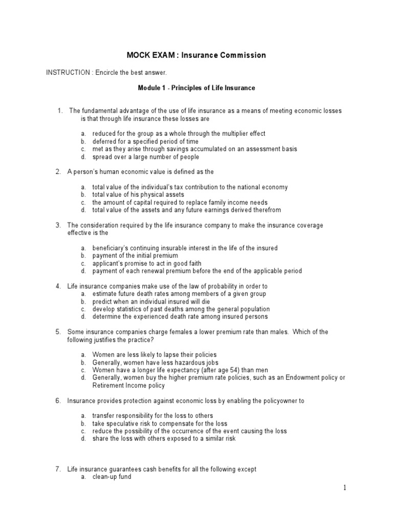 Life Insurance Exam Mock Test | PDF | Insurance | Life Insurance