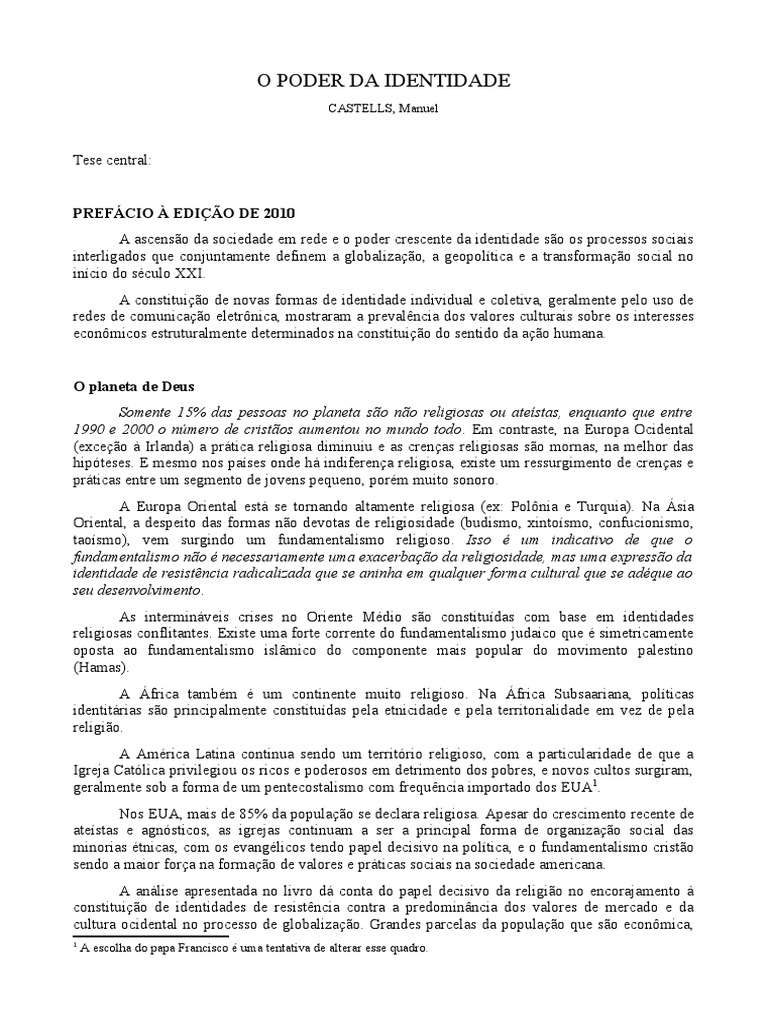 CASTELLS, Manuel. O Poder Da Identidade | PDF | Sociologia | Identidade de gênero