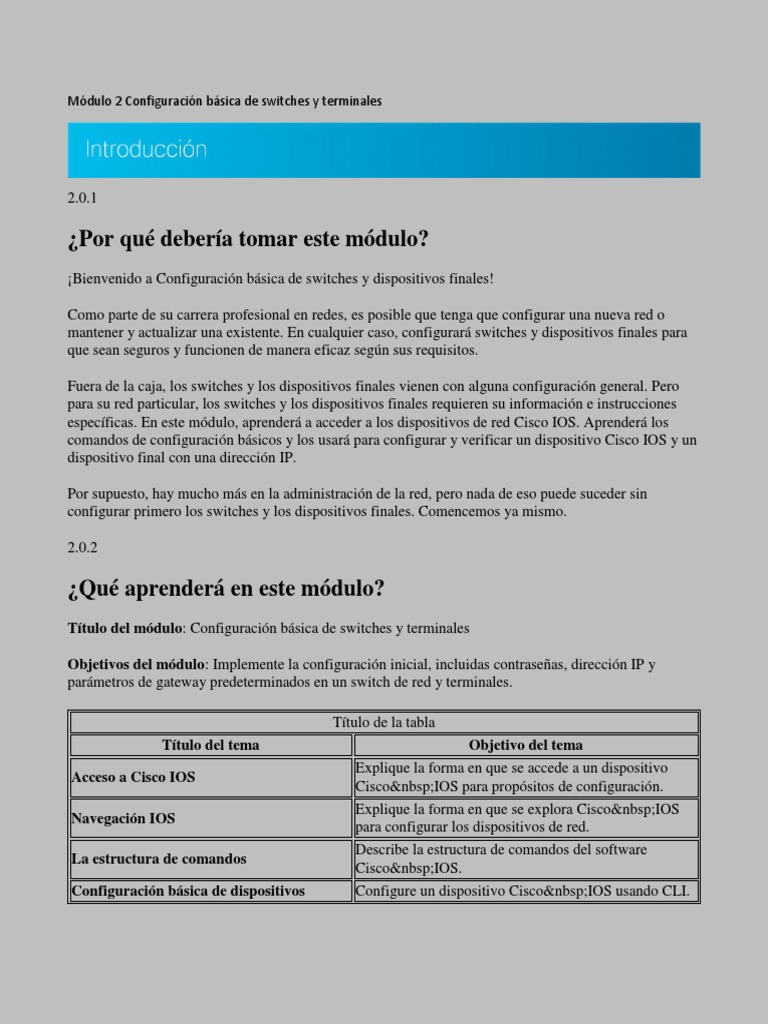 CCNAv7 Módulo 2 Configuración Básica de Switches y Terminales | PDF | Dirección IP | Interfaz de ...