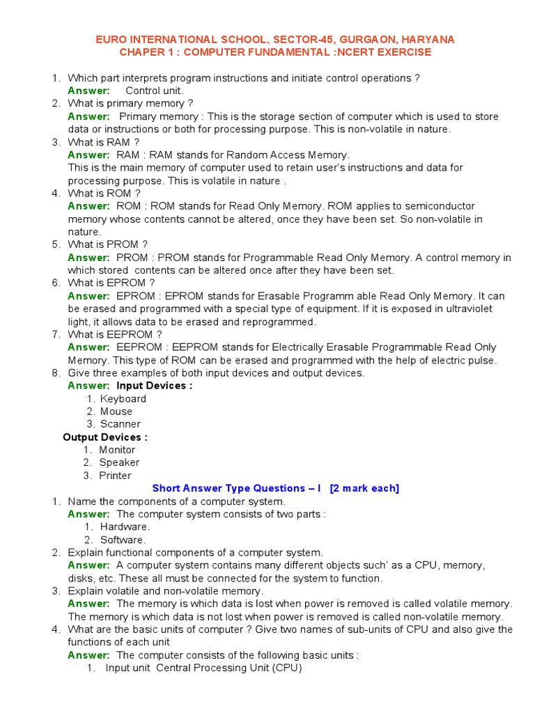 CH1 Ncert Exercise | PDF | Read Only Memory | Computer Data Storage