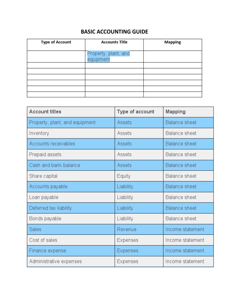 Basic Accounting Guide: Type of Account Accounts Title Mapping | PDF