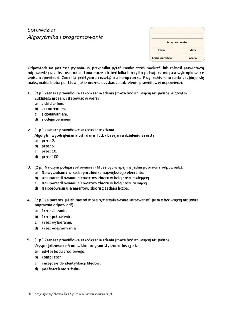 (Sprawdzian) Algorytmika I Programowanie | PDF