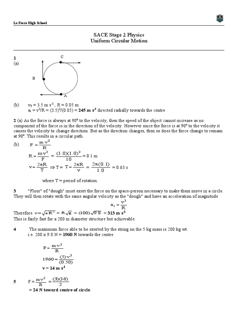 SACE Stage 2 Physics Uniform Circular Motion: F V M R 10) 0 - 1) (0 - 1 ...