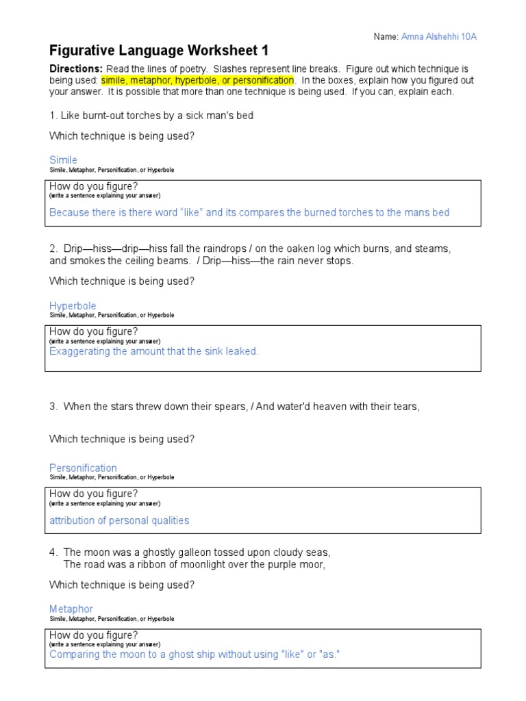 Figurative Language Worksheet 01 | PDF | Metaphor | Poetic Devices