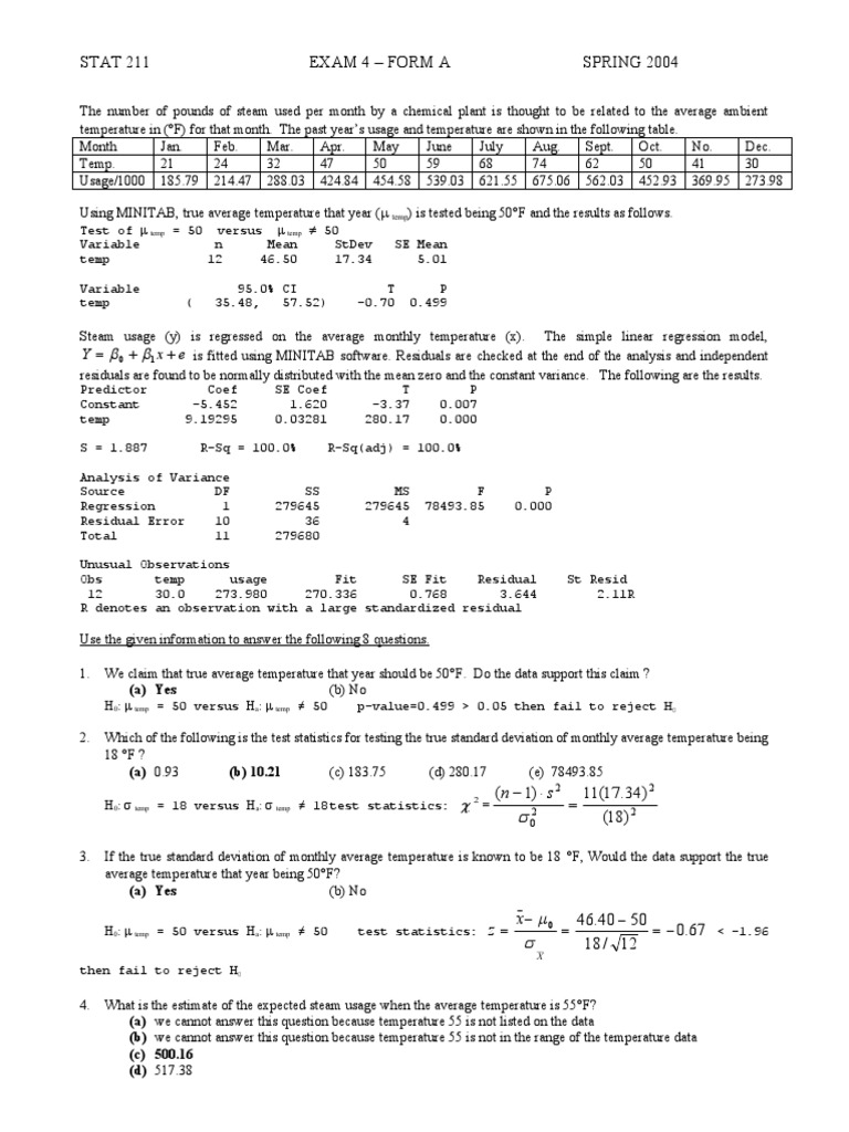 STAT 211 Exam 4 - Form A SPRING 2004 | PDF | P Value | Statistics