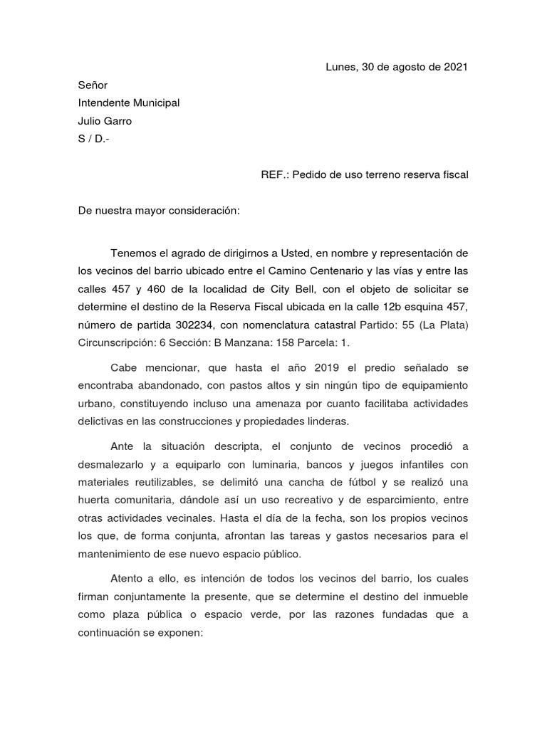 La Nota de Los Vecinos Dirigida Al Municipio | PDF