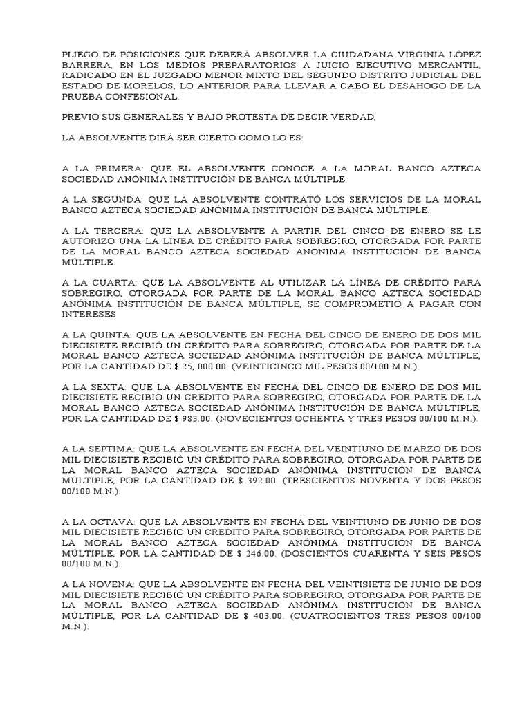 Pliego de Posiciones Que Deberá Absolver La Ciudadana Virginia López Barrera | PDF