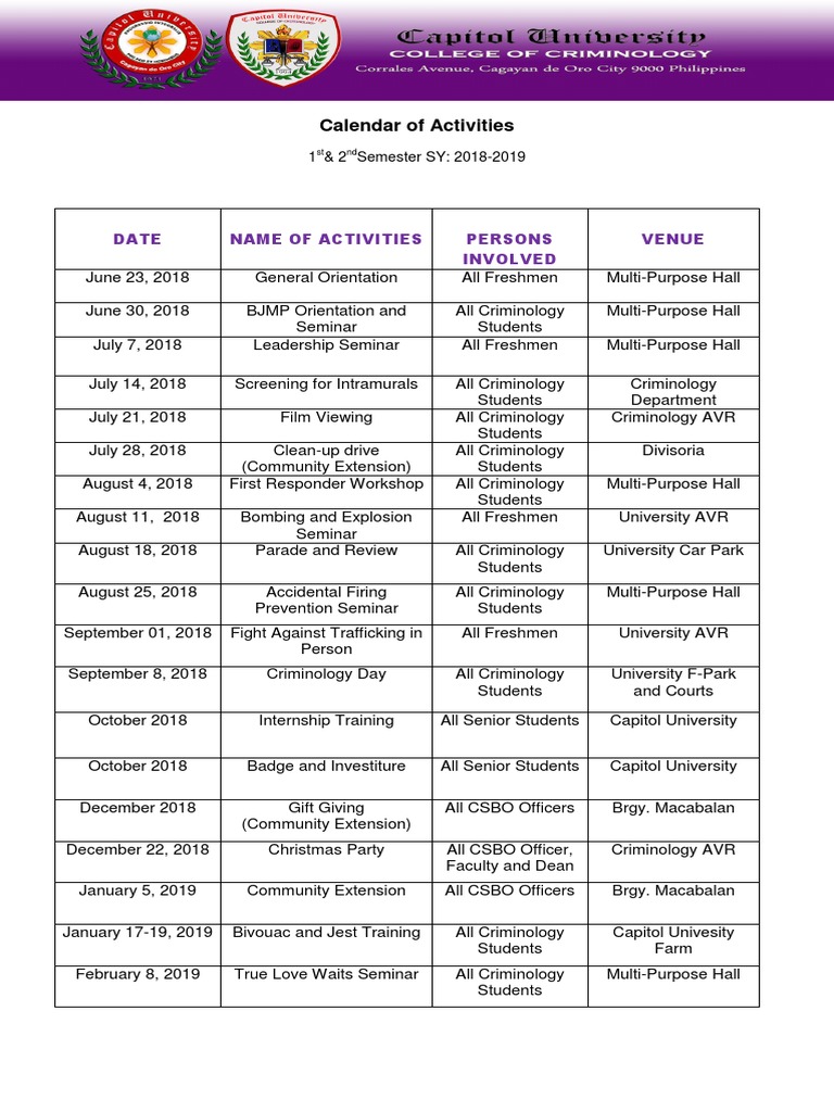 Criminology Activities Calendar 2018-2019 | PDF