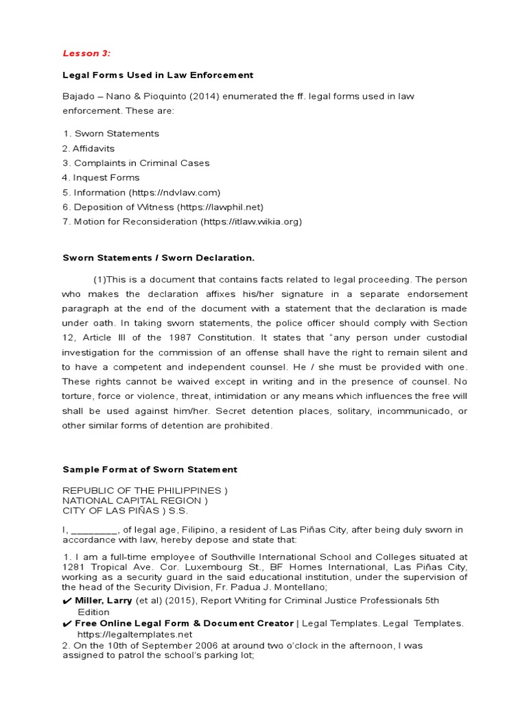 CR 92-Lesson 3 Legal Forms Sworn Statement-Declaration | PDF | Right To ...