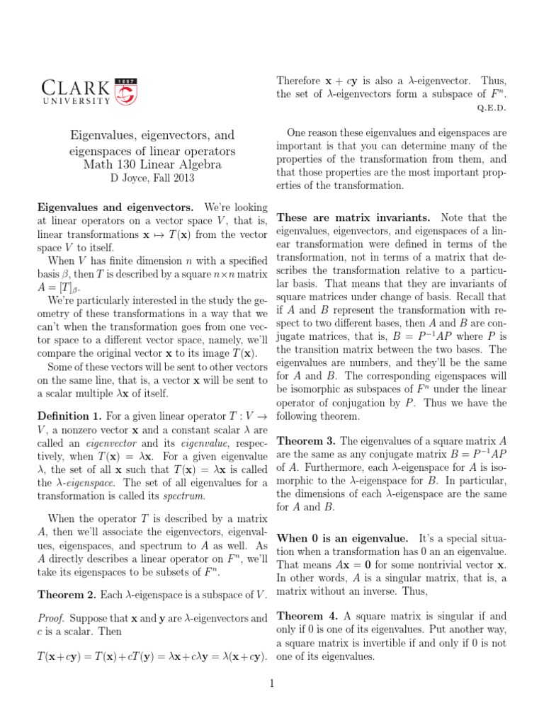 Eigenvalues, Eigenvectors, and Eigenspaces of Linear Operators Math 130 ...