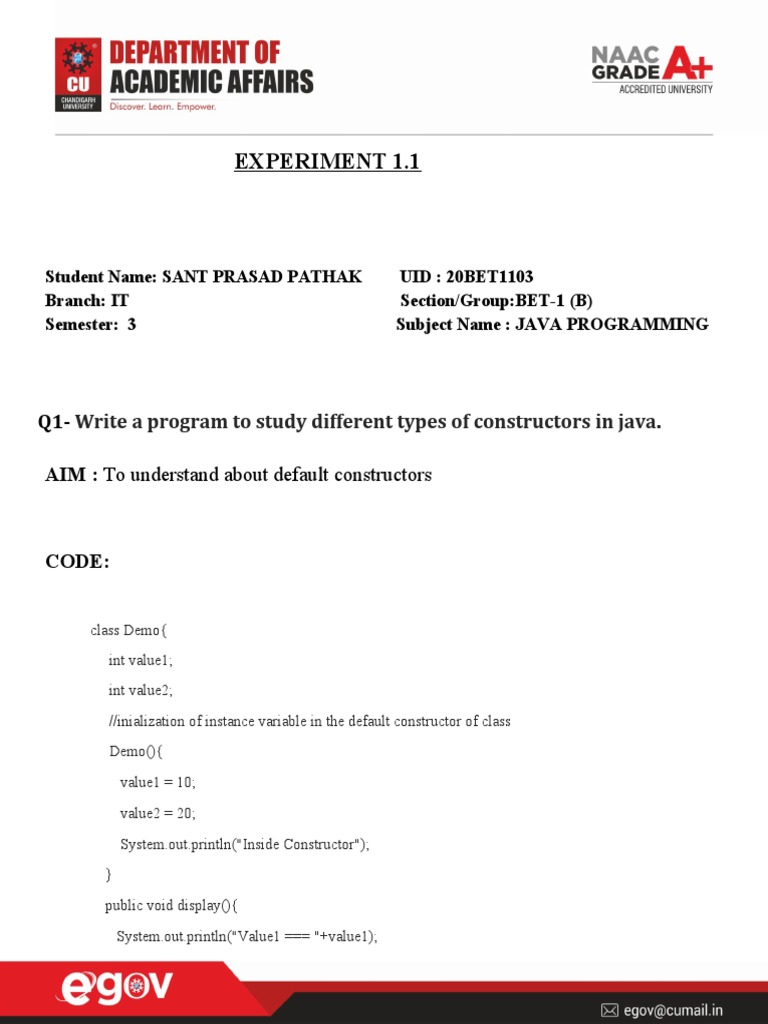 Experiment 1.1: Write A Program To Study Different Types of ...