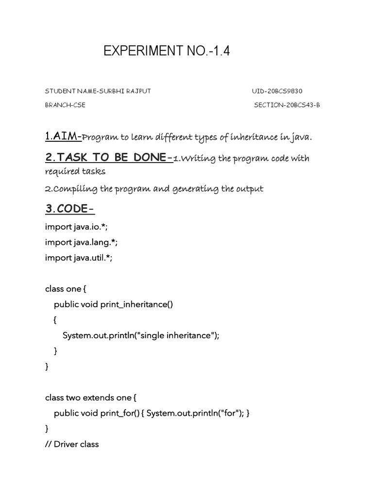 Experiment No.-1.4: 2.task To Be Done | PDF | Java (Programming Language) | Programming Paradigms