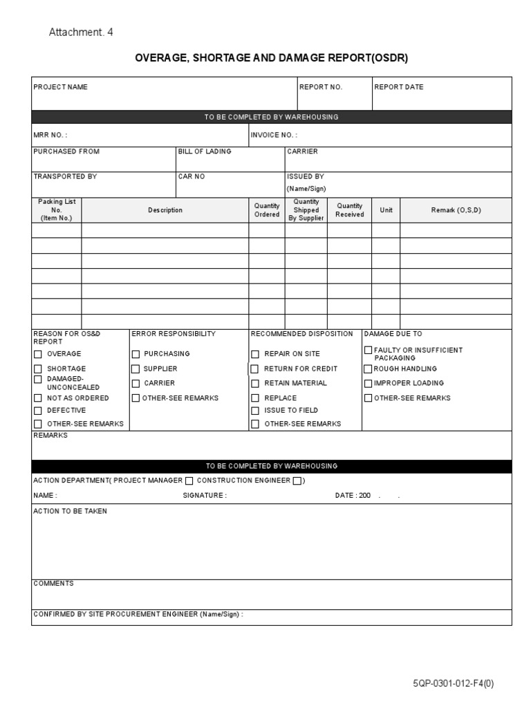 Overage, Shortage and Damage Report (Osdr) : Attachment. 4 | PDF