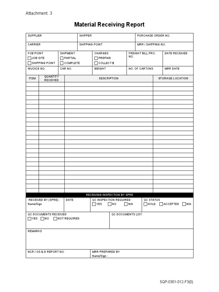 Material Receiving Report: Attachment. 3 | PDF | Technology & Engineering