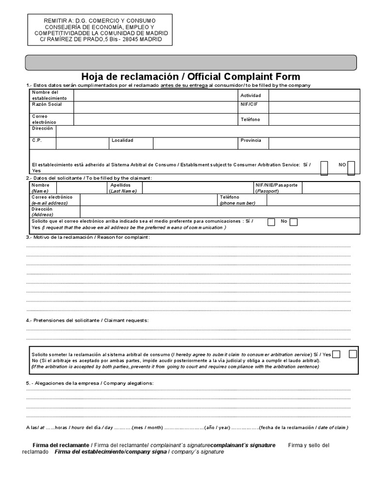 Hoja Reclamaciones | PDF | Derecho empresarial | Derecho civil (sistema ...