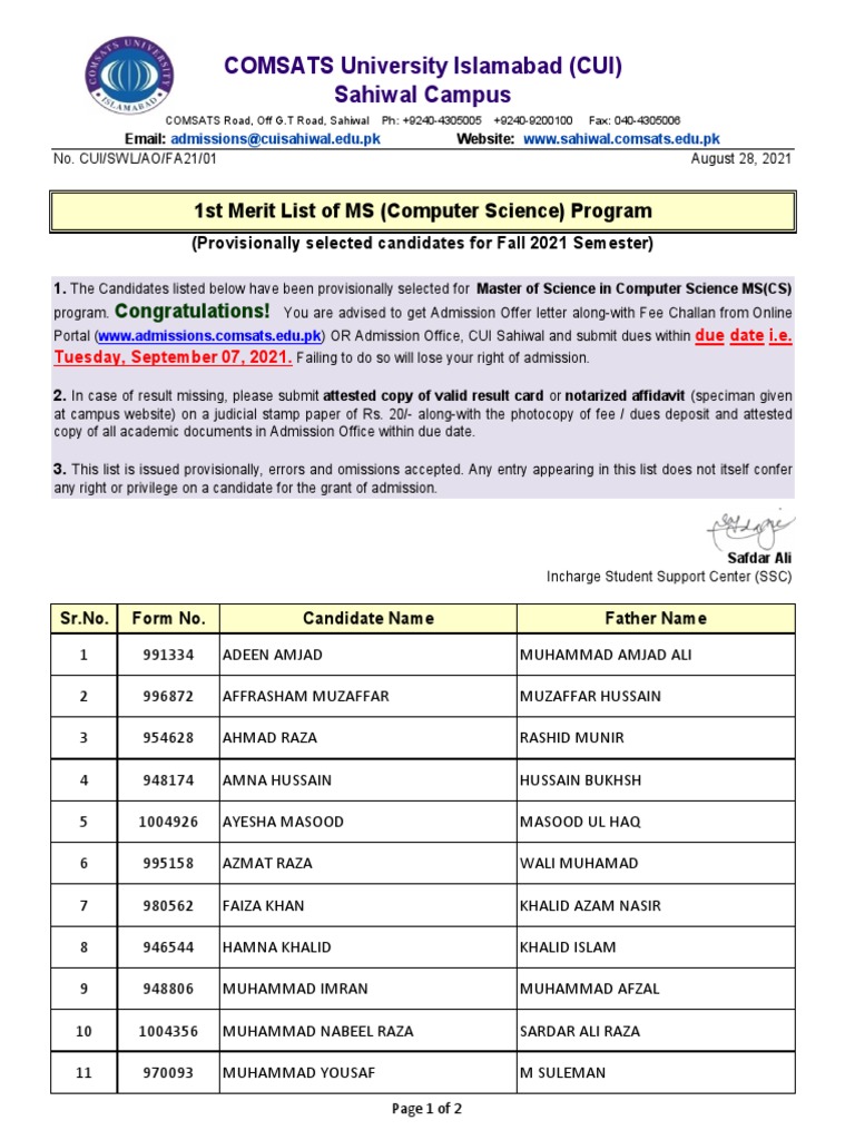 COMSATS University Islamabad (CUI) Sahiwal Campus: 1st Merit List of MS ...