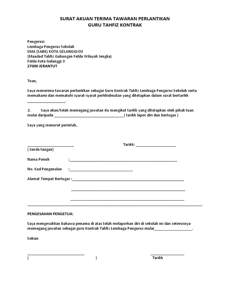 Surat Akuan Terima Tawaran Perlantikan | PDF