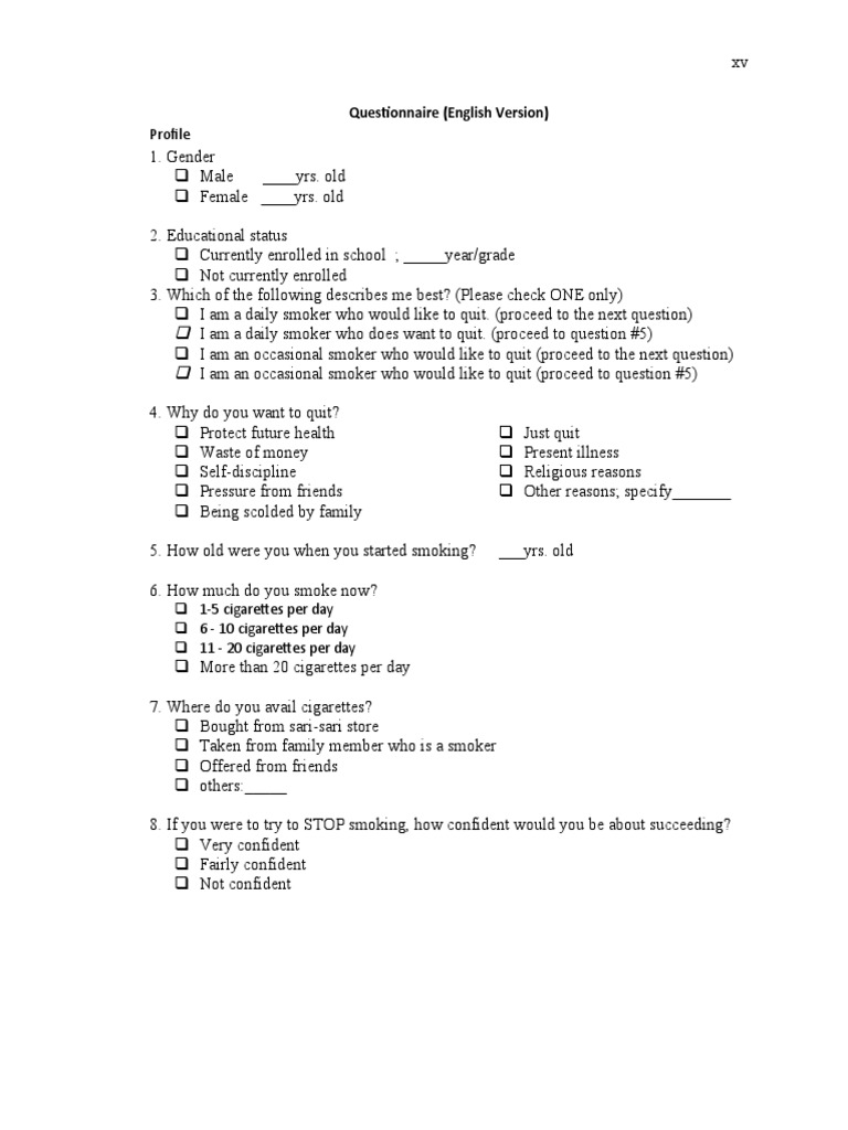 Profile: Questionnaire (English Version) | PDF | Tobacco Smoking ...