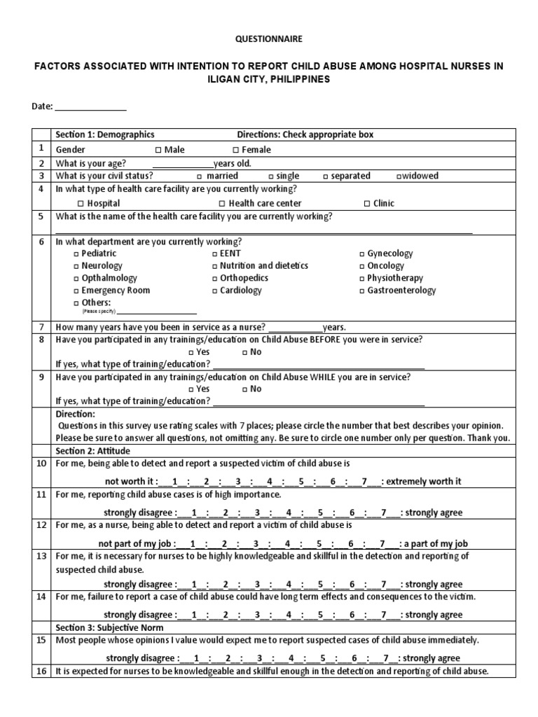 Factors Associated With Intention To Report Child Abuse Questionnaire ...