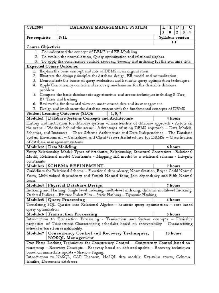 CSE2004 Syllabus | PDF | Databases | Relational Database