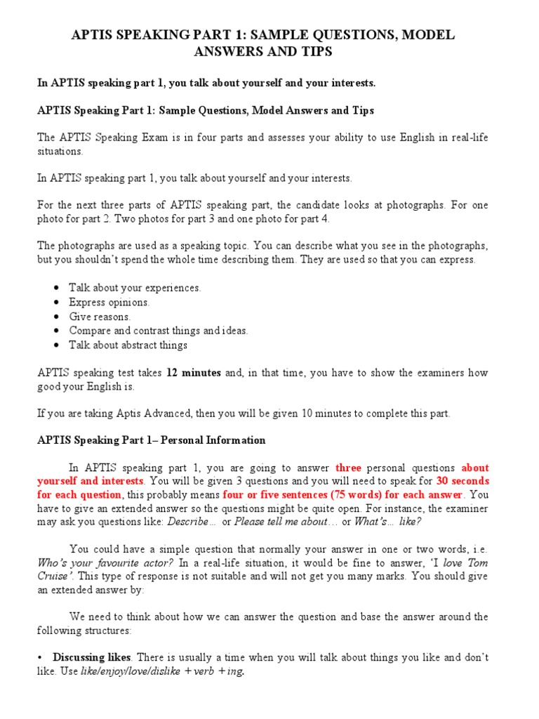 Aptis Speaking Part 1: Sample Questions, Model Answers and Tips | PDF ...