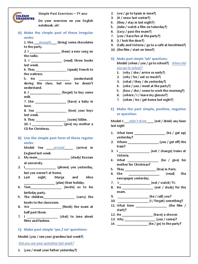 Simple Past Exercises 7º Ano | PDF | Linguistics | Grammar