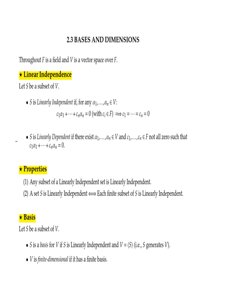 2.3 Bases and Dimensions: ? Linear Independence | PDF | Basis (Linear ...