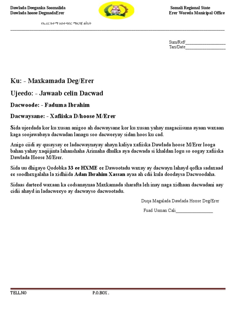 Ku: - Maxkamada Deg/Erer Ujeedo: - Jawaab Celin Dacwad | PDF