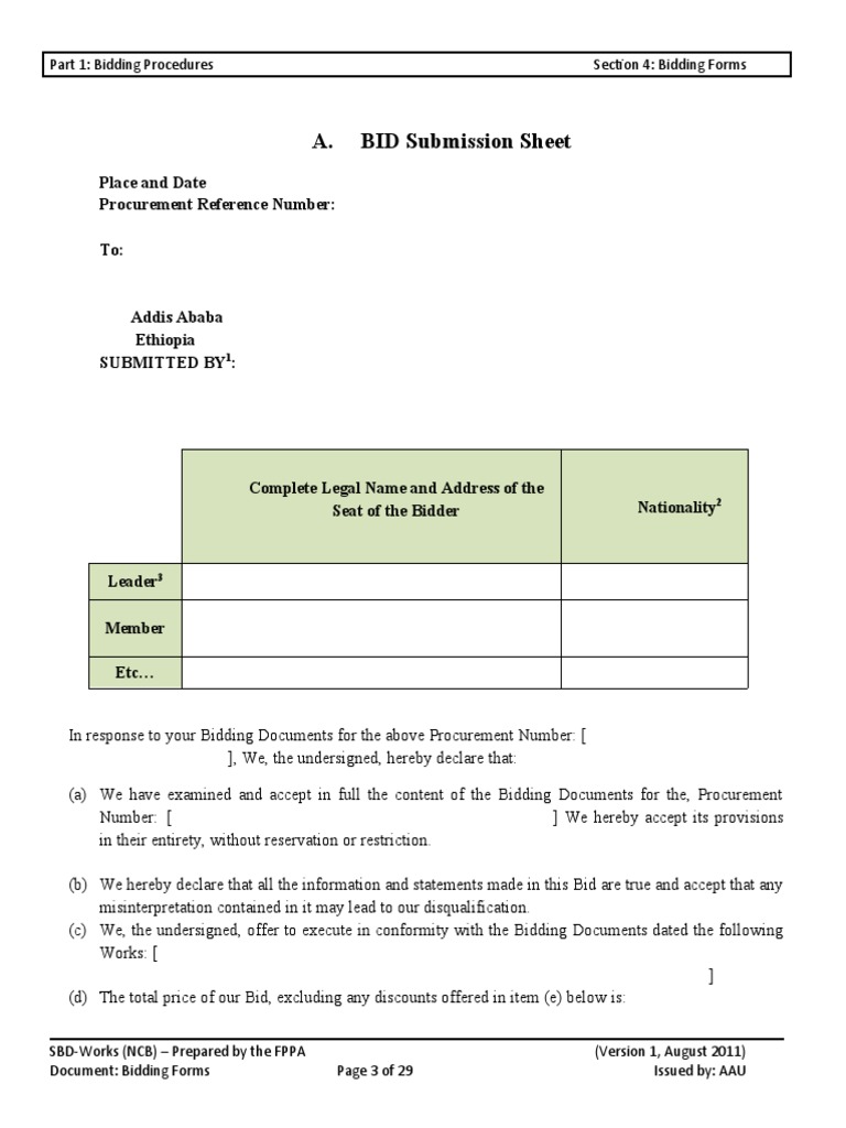 Bidding Submission Sheet: Part 1 - Bidding Procedures, Section 4 ...
