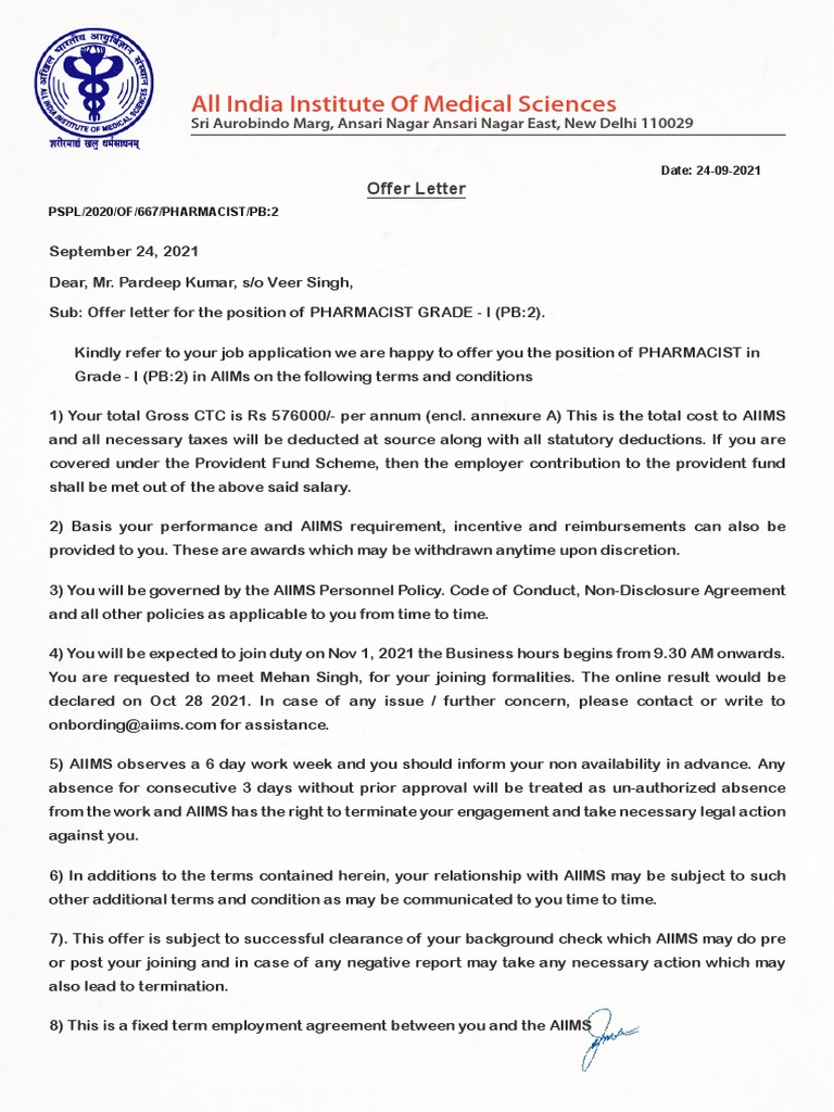 All India Institute of Medical Sciences: Offer Letter | PDF ...