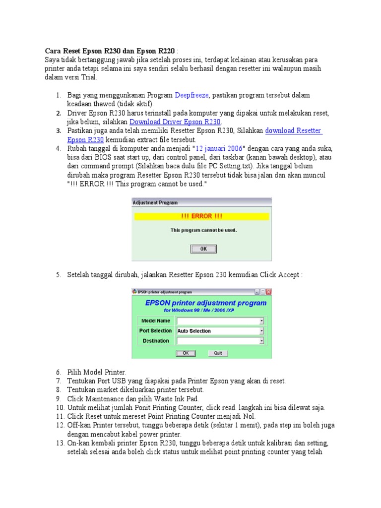 Cara Reset Epson R230 Dan Epson R220 | PDF | Komputer