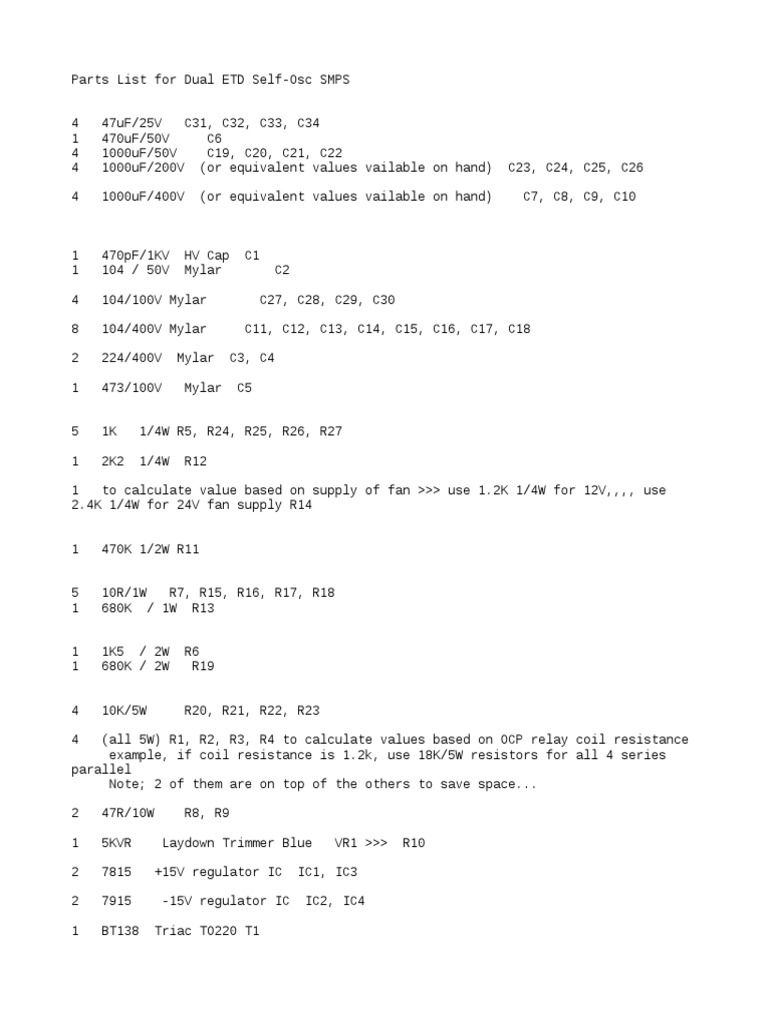 2KW Jumbo Size SMPS - Parts List | PDF | Transformer | Electrical ...