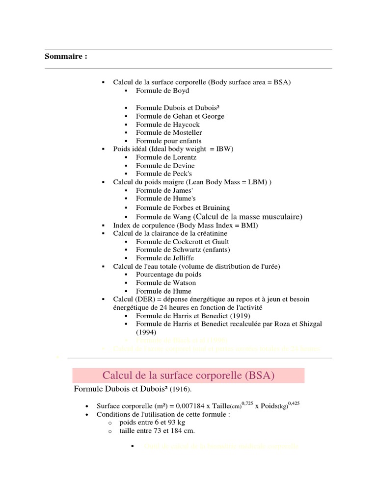 Calcul des Formules de Surface Corporelle | PDF | Poids | Taille humaine