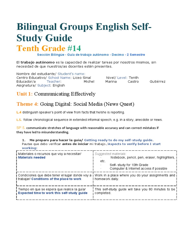 Bilingual Self-Study Guide for 10th Grade English | PDF | Social Media ...