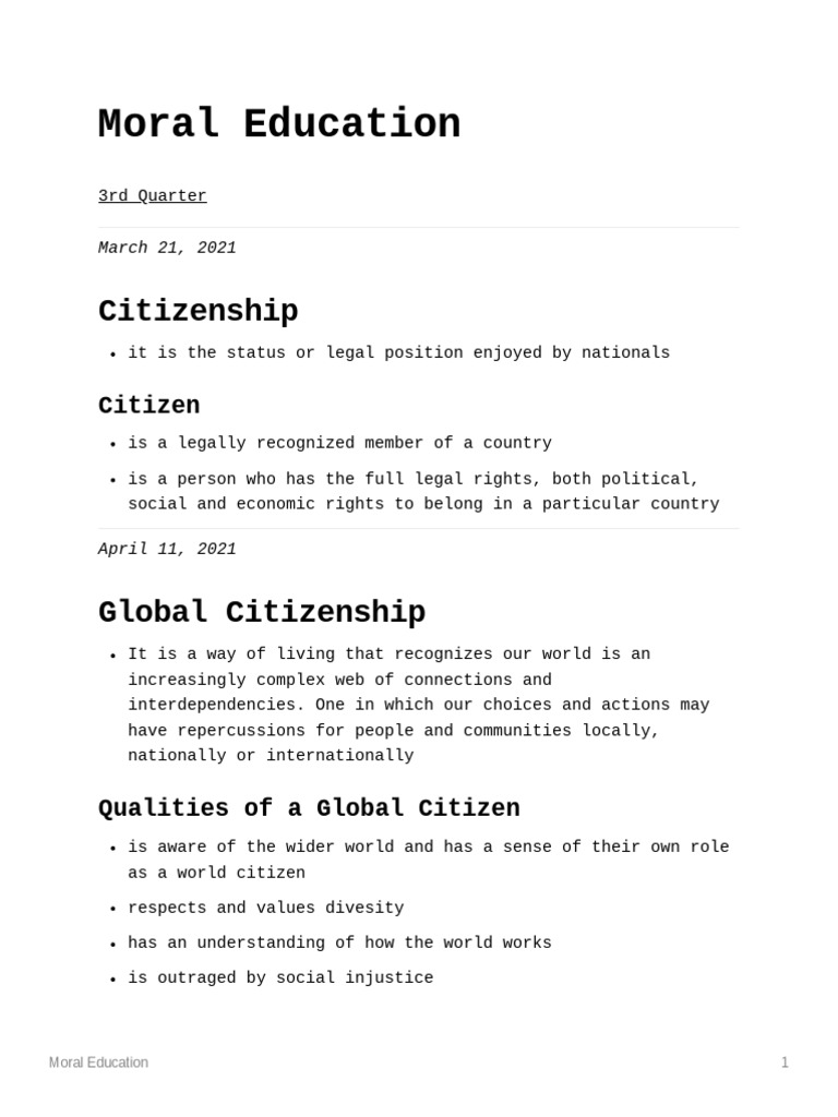 4th Quarter Moral Education Notes (Grade 11) | PDF | Sustainability ...