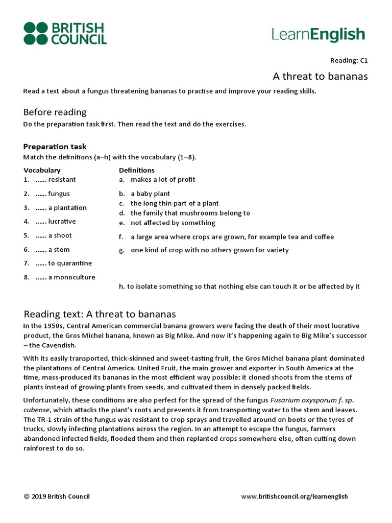 Before Reading: A Threat To Bananas | PDF | Banana | Agriculture