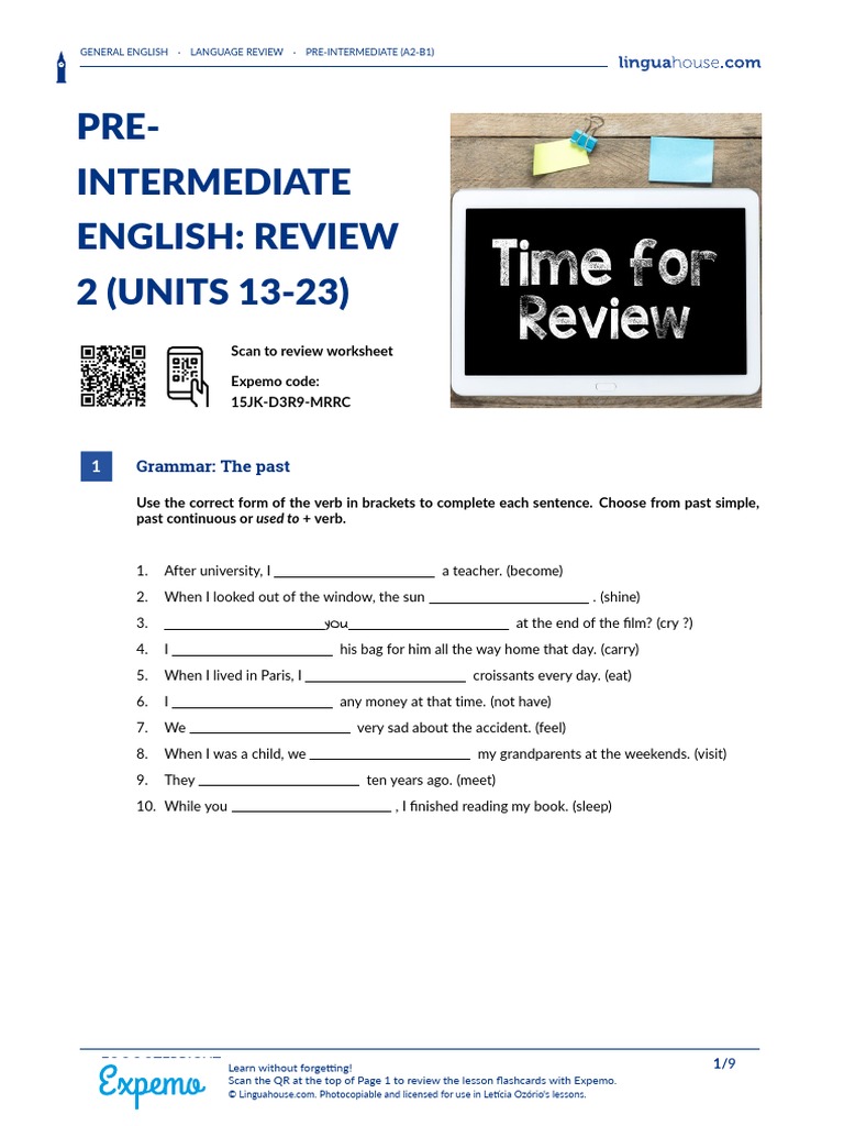 Pre-Intermediate English: Review 2 (UNITS 13-23) : Grammar: The Past ...