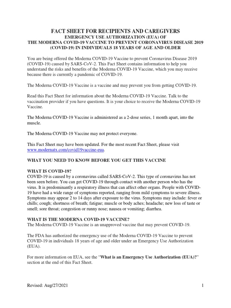 Moderna COVID 19 Vaccine Fact Sheet Recipients Caregivers | PDF ...