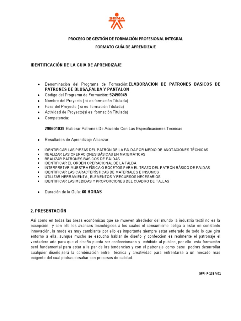 Guia de Aprendizaje Elaboracion de Patrones Basicos de Blusa, Falda y Pantalon | PDF | Diseño ...