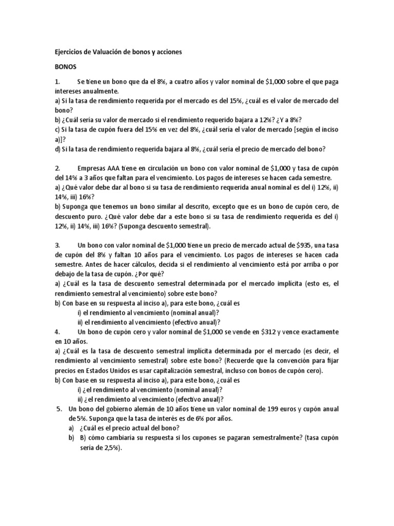 Ejercicios de Valuación de Bonos y Acciones | PDF | Compartir (Finanzas) | Corporaciones