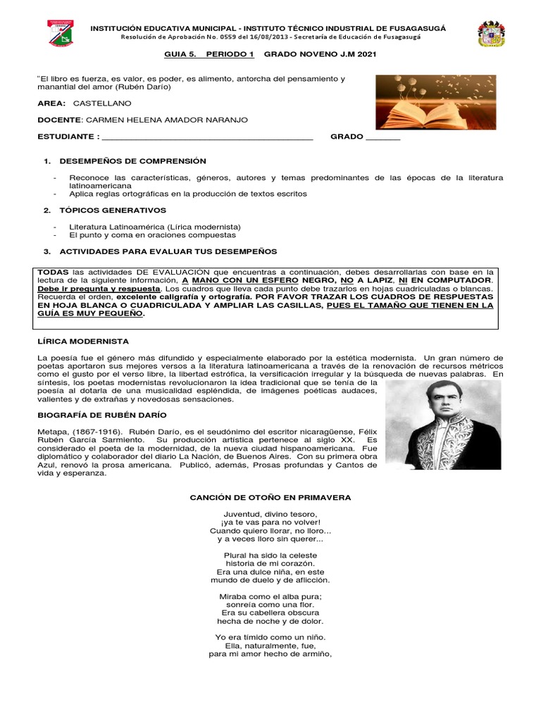 Castellano. Guía 5 Periodo I Noveno | PDF | Poesía | Amor